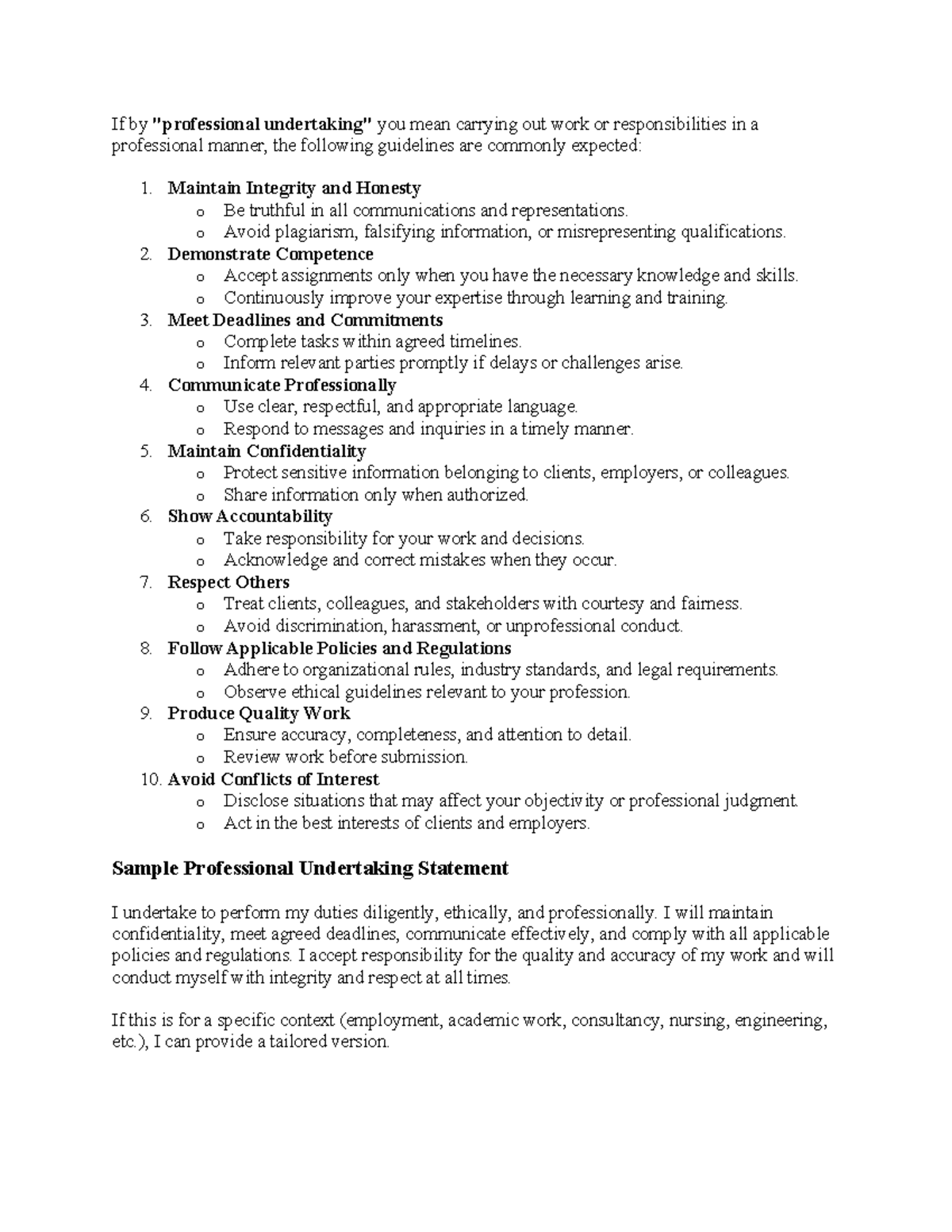 Professional Conduct Guidelines for Ethical Work Practices - Studocu