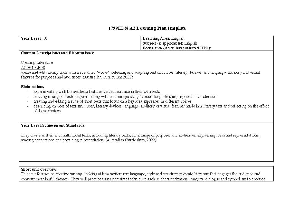 1799EDN A2 Creative Writing Unit Plan for Year 10 English - Studocu
