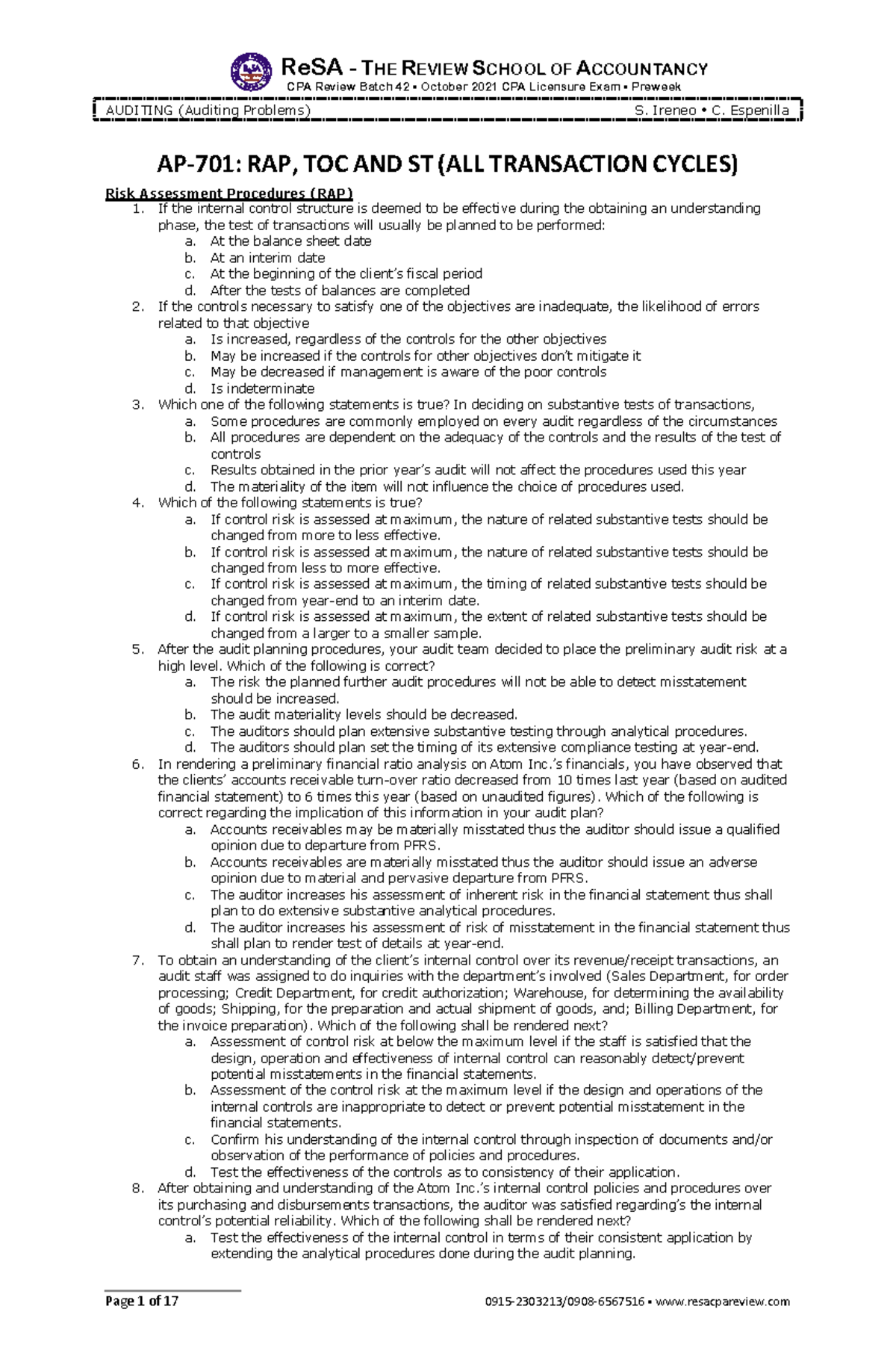 ReSA BSA CPA Review Batch 42: Preweek Notes on Auditing (RAP, TOC, ST ...