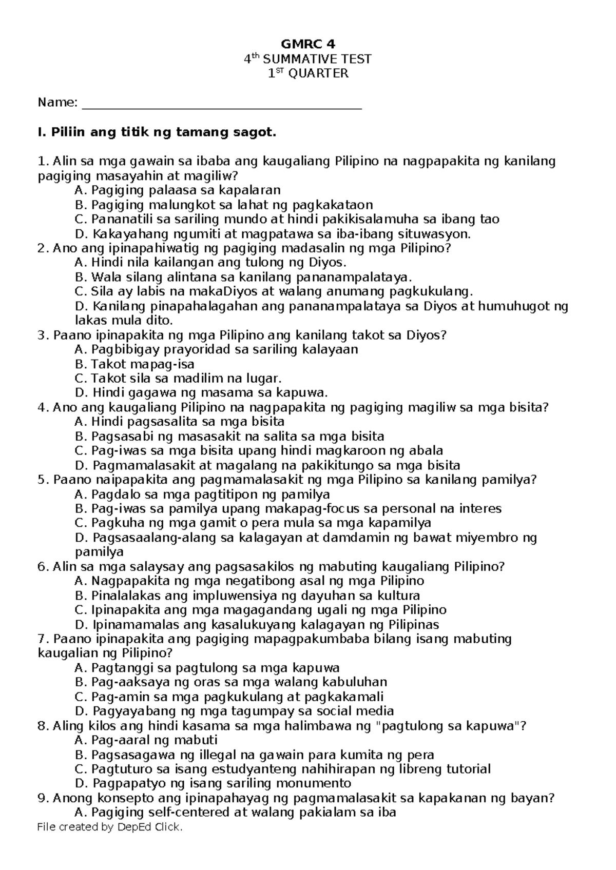 GMRC 4 ST4 Q1 Matatag - SUMMATIVE TEST 1ST QUARTER - Studocu