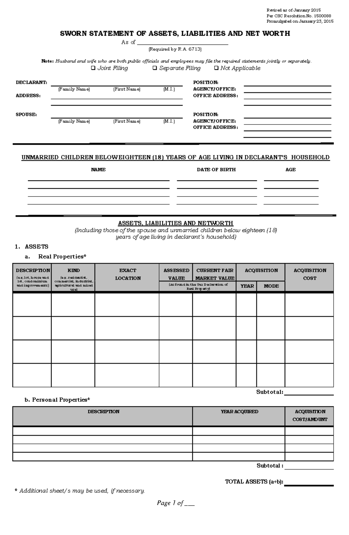 2015 SALN Form - Sworn Statement of Assets, Liabilities & Net Worth ...
