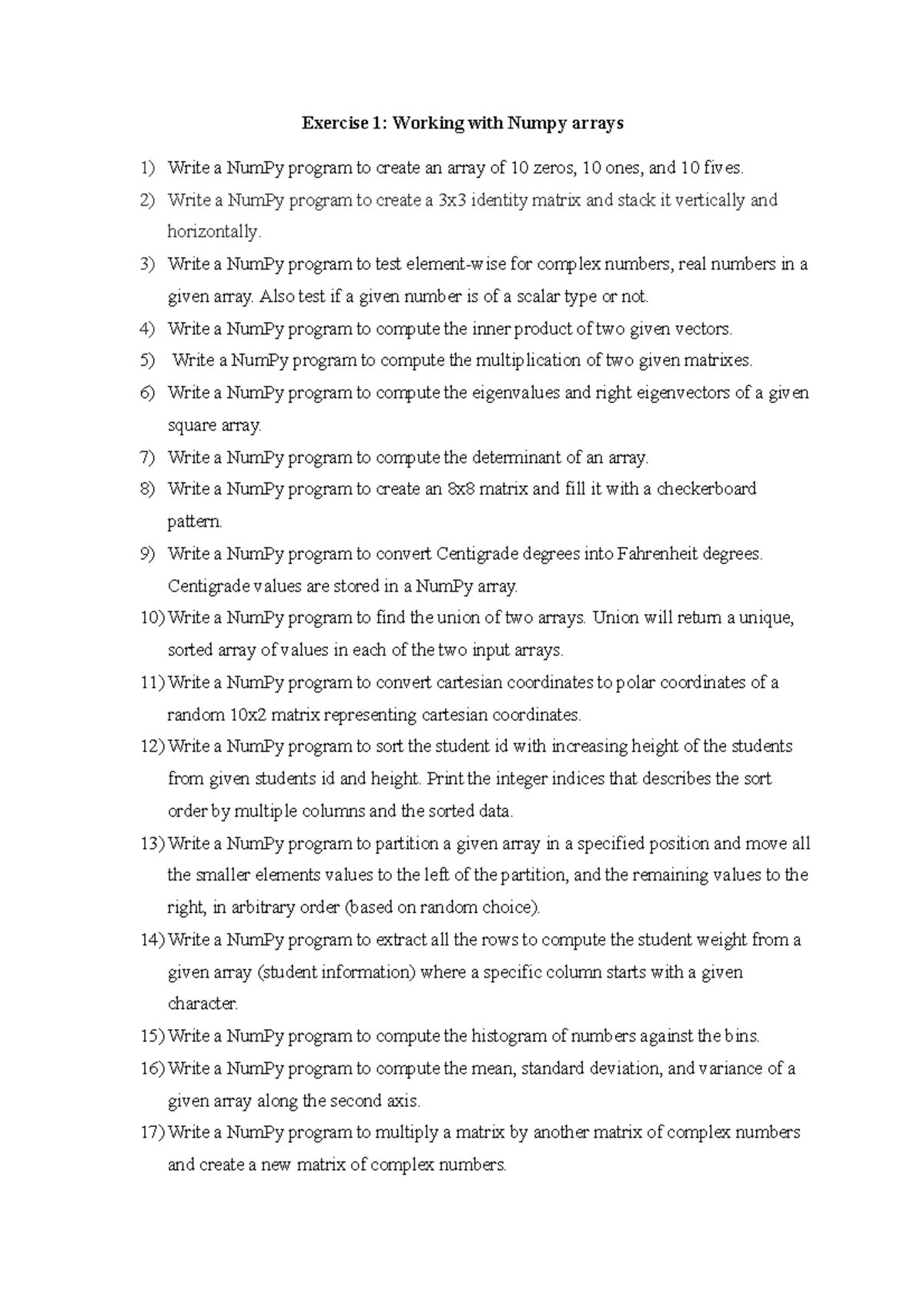 Ex 1 B Numpy Exercises On Array Operations And Computations Studocu