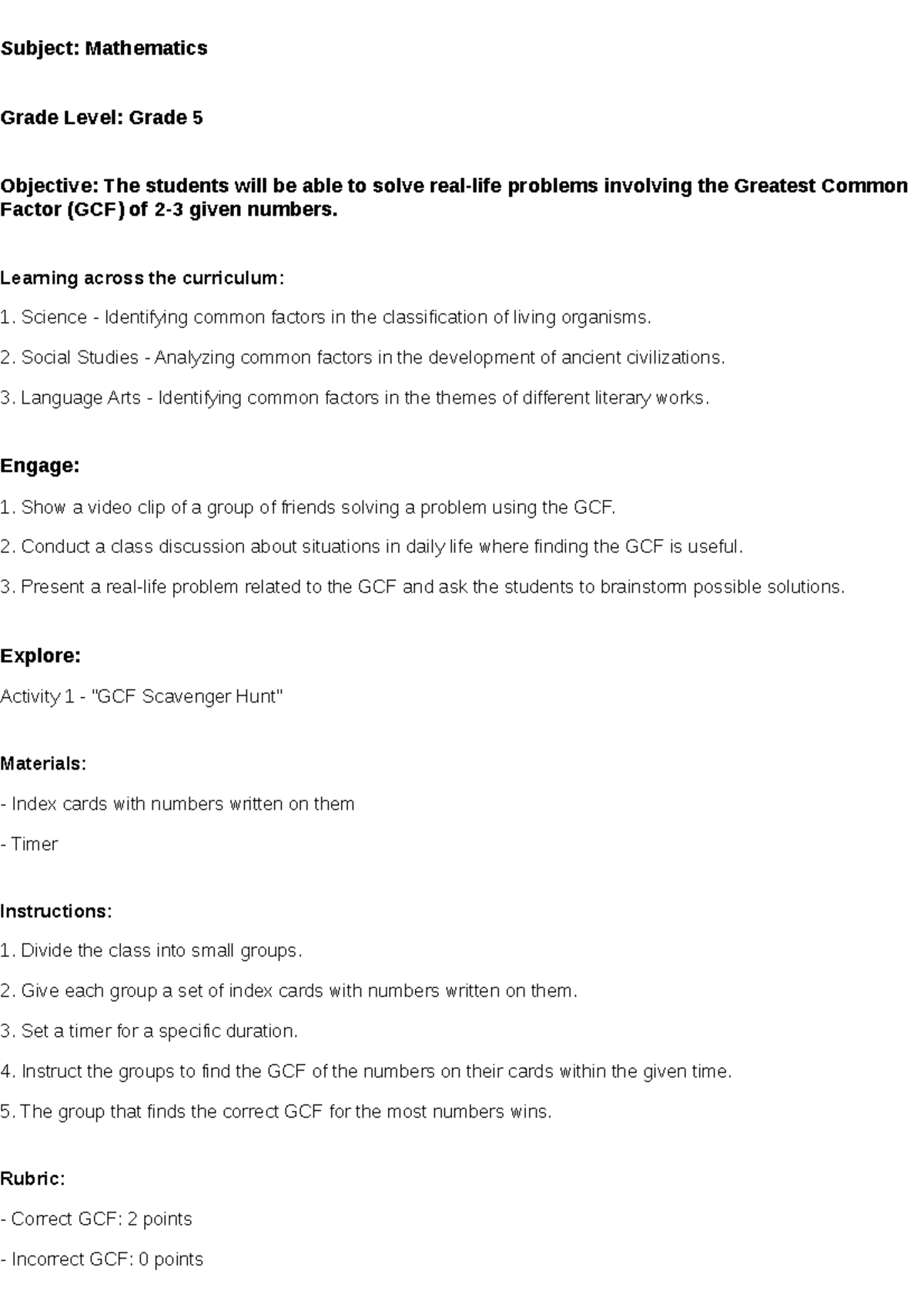 Lesson Plan - GCF and LCM for Grade 5 Mathematics - Studocu