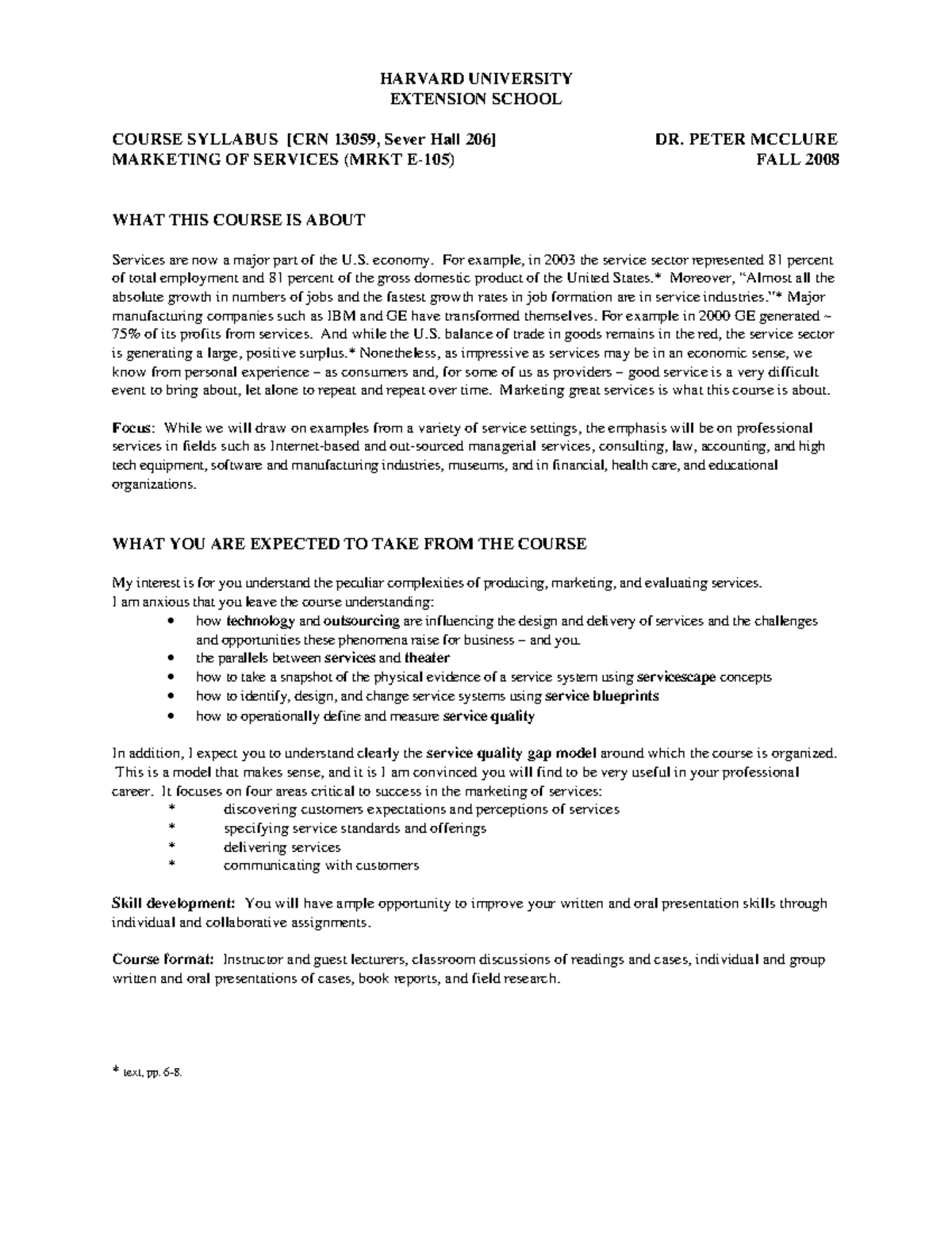 HARVARD EXTENSION SCHOOL SYLLABUS: MARKETING OF SERVICES (MRKT) FALL ...