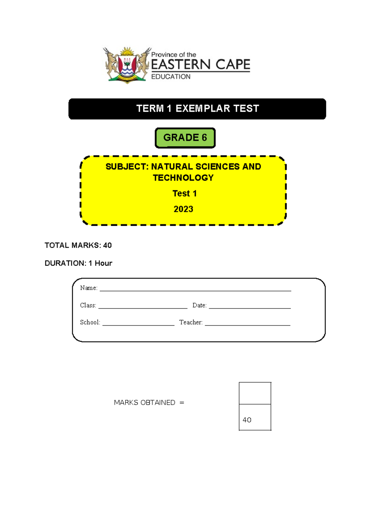 Grade 6 2023 Natural Sciences & Technology Term 1 Test - Studocu