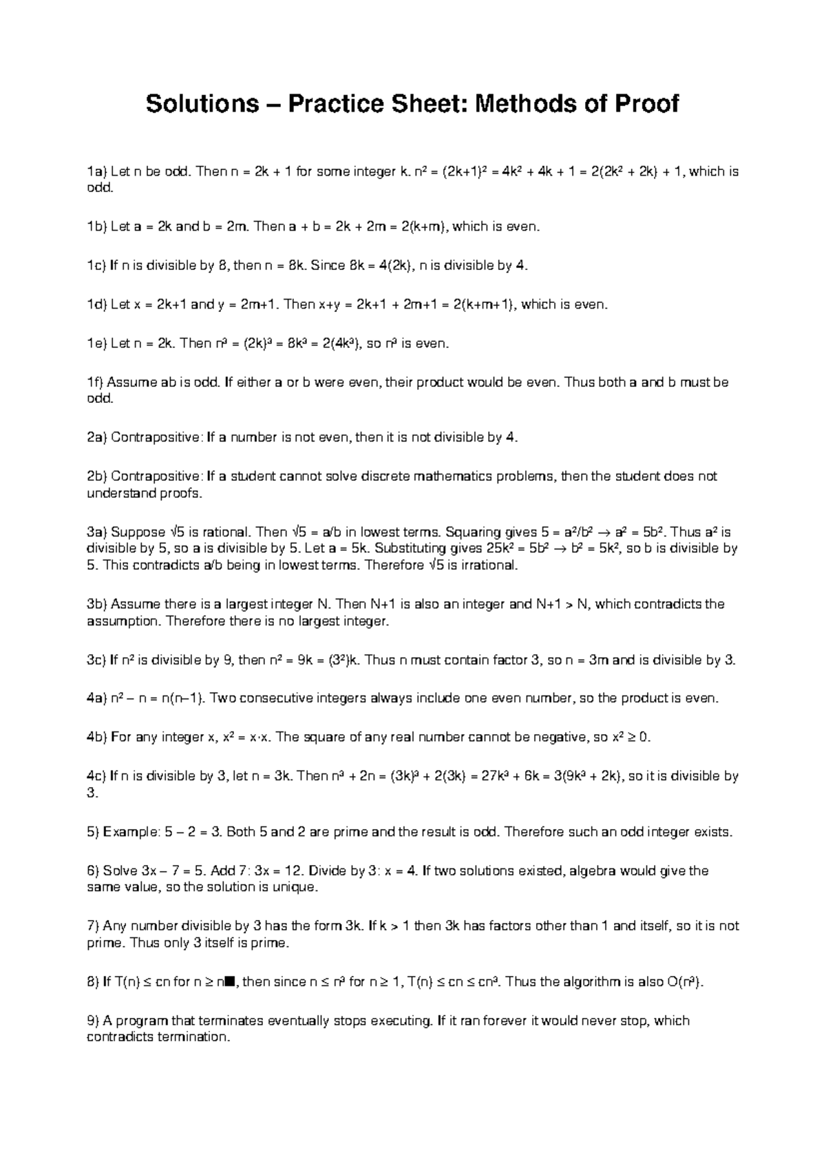 Methods of Proof Practice Sheet Solutions (Course Code: MATH101) - Studocu