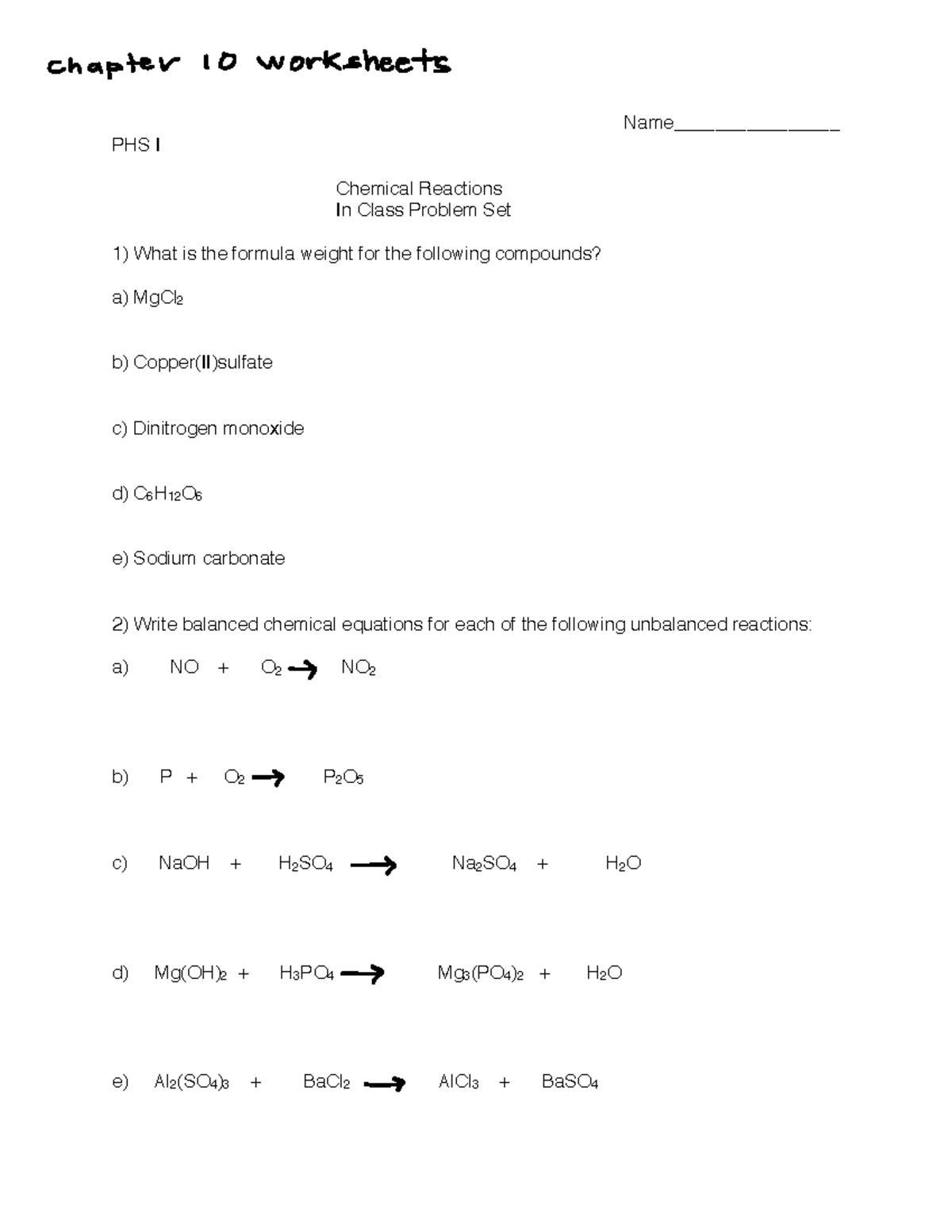 Chapter 10 Worksheets PHS I - Chemical Reactions Problem Set - Studocu