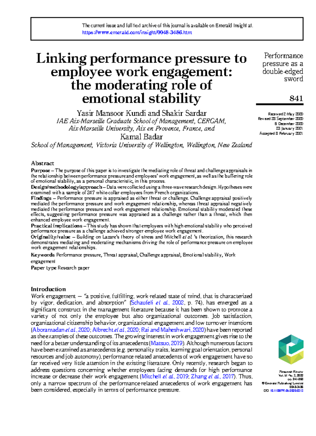 Week 5: Linking Performance Pressure to Employee Work Engagement - Studocu