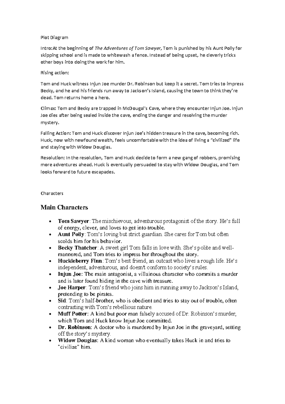Adventures of Tom Sawyer: Plot Diagram Analysis - Studocu