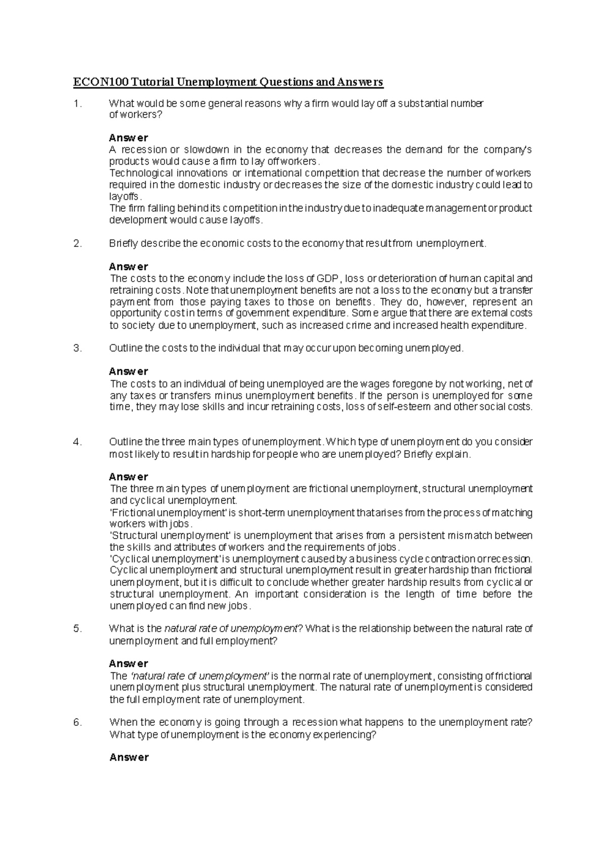 ECON100 Tutorial Unemployment Questions and Answers - ECON100 Tutorial Unemployment Que s tions ...