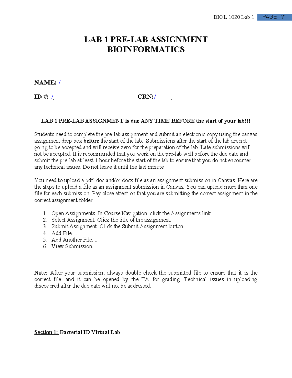 BIOL 1020 Lab 1 Pre-Lab Assignment: Bioinformatics Overview - Studocu