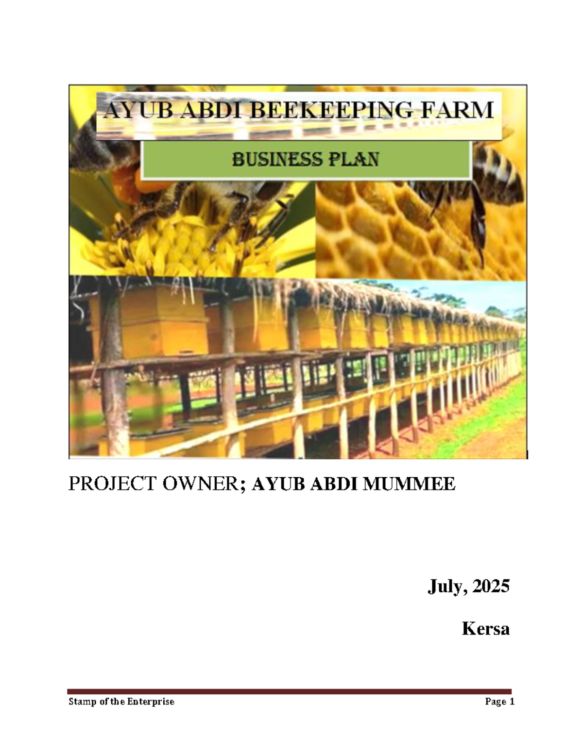 PROJECT AYUB ABDI MUMMEE: Beekeeping Farm Overview and Plans - Studocu
