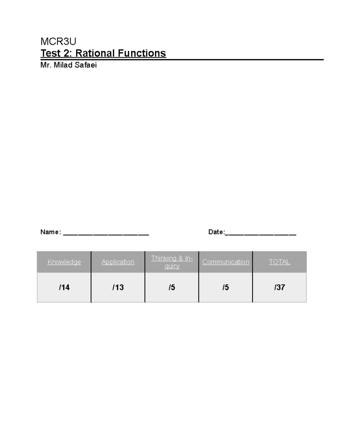MCR3U Test 2: Understanding Rational Functions and Their Applications ...