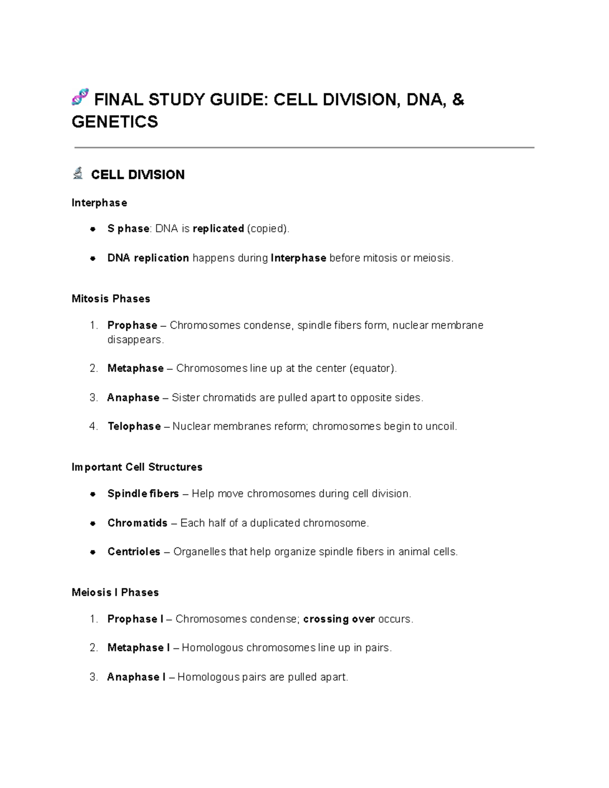FINAL STUDY GUIDE: CELL DIVISION, DNA & GENETICS - Studocu