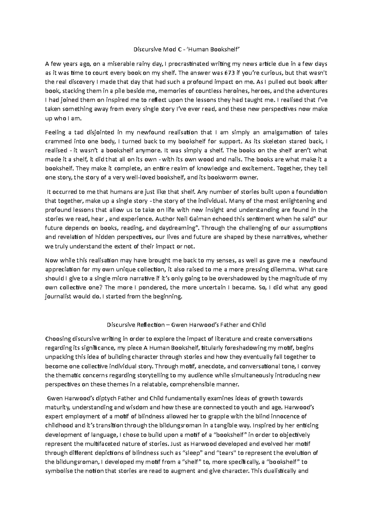 Discursive Mod C #1 - The Human Bookshelf Analysis & Reflection - Studocu