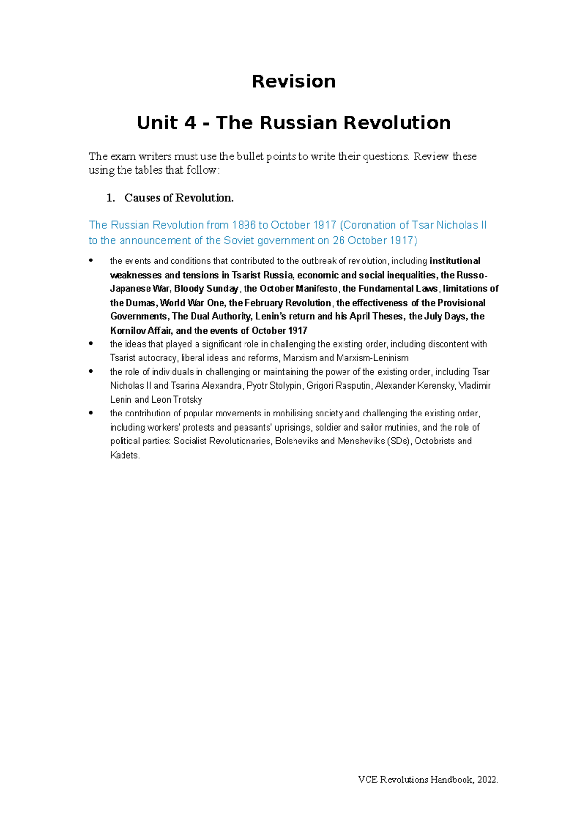 VCE History Revision: Unit 4 - The Russian Revolution Bullet Points ...