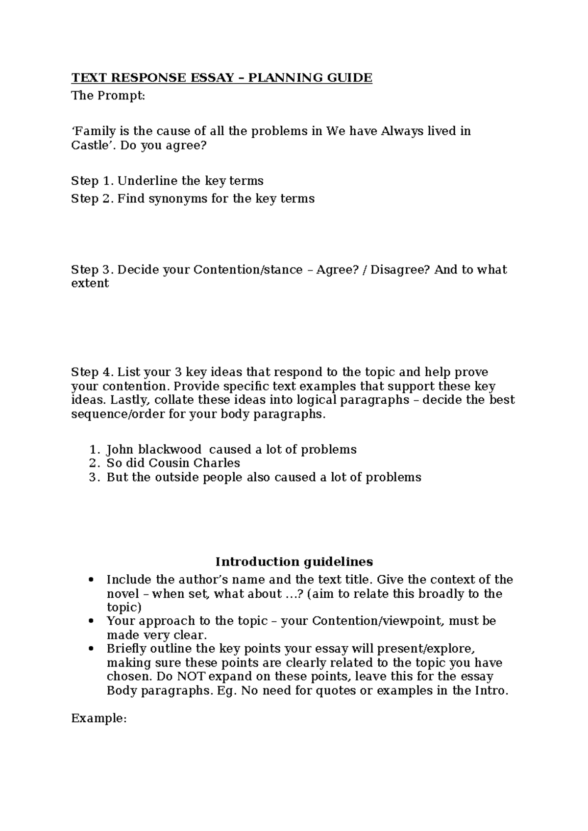 Planning Guide for Text Response Essay: We Have Always Lived in the ...