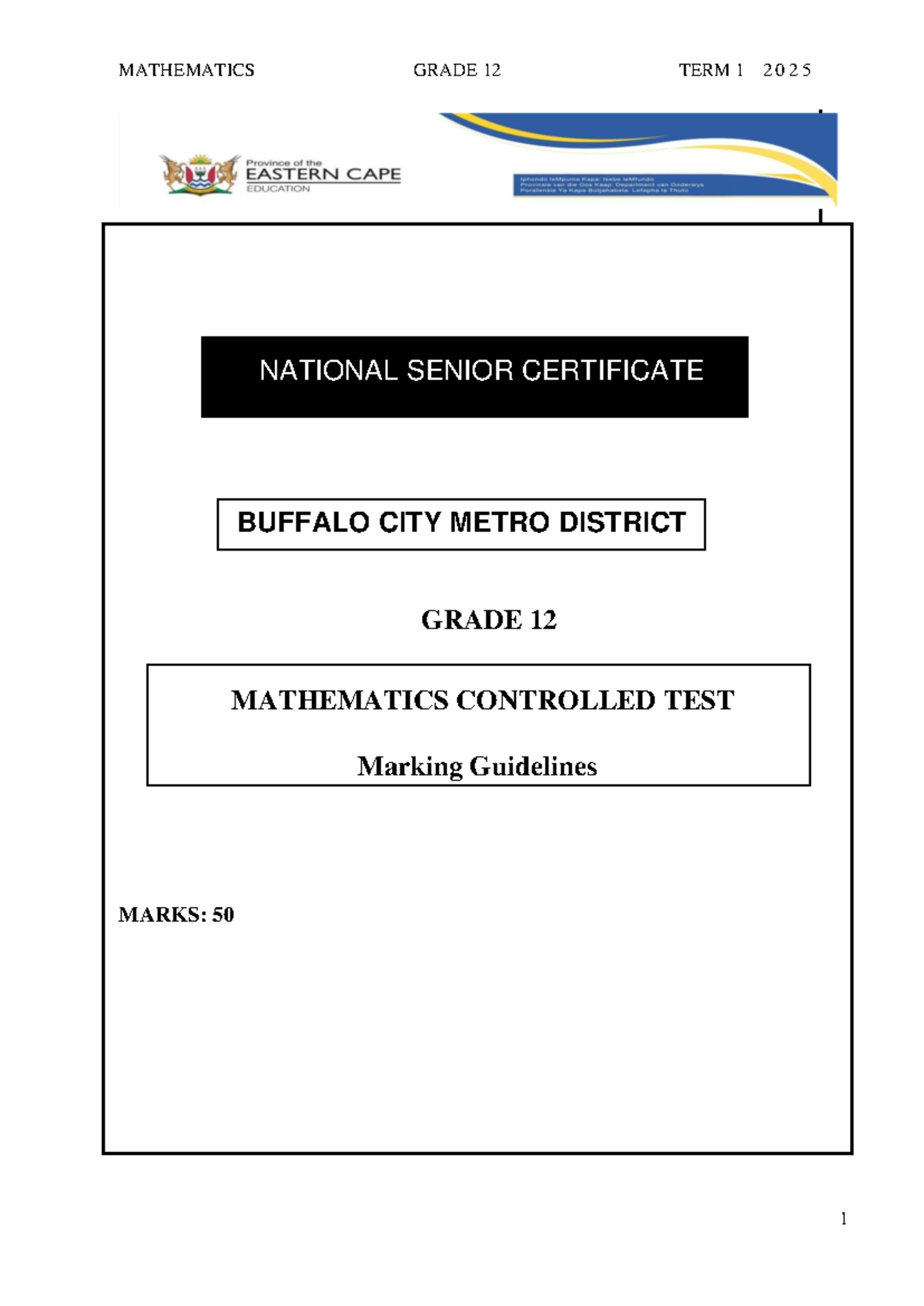 Marking Guidelines for Gr 12 Maths T1 Test - March 2025 - Studocu