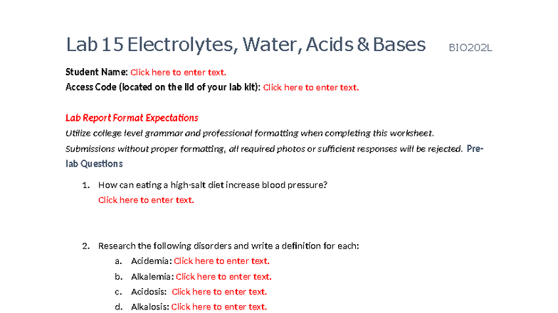 BIO202L Lab 15: Electrolytes, Water, Acids & Bases Report - Studocu
