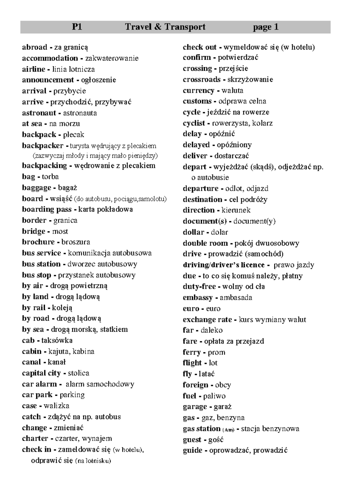 P1 English-Polish Travel & Transport Dictionary - Studocu