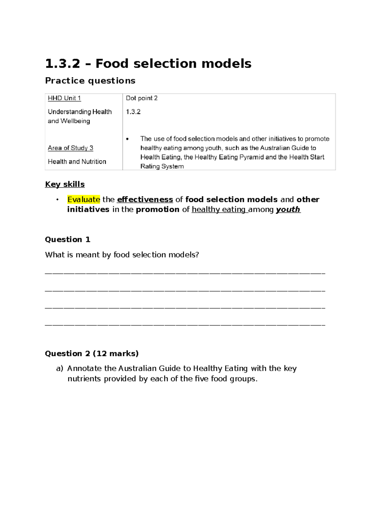 1.3.2 Food Selection Models: Practice Questions & Key Skills - Studocu
