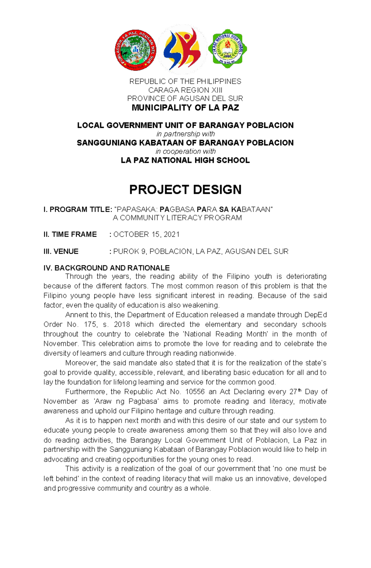 PAGBASA PARA SA KABATAAN: Community Literacy Program Proposal - Studocu