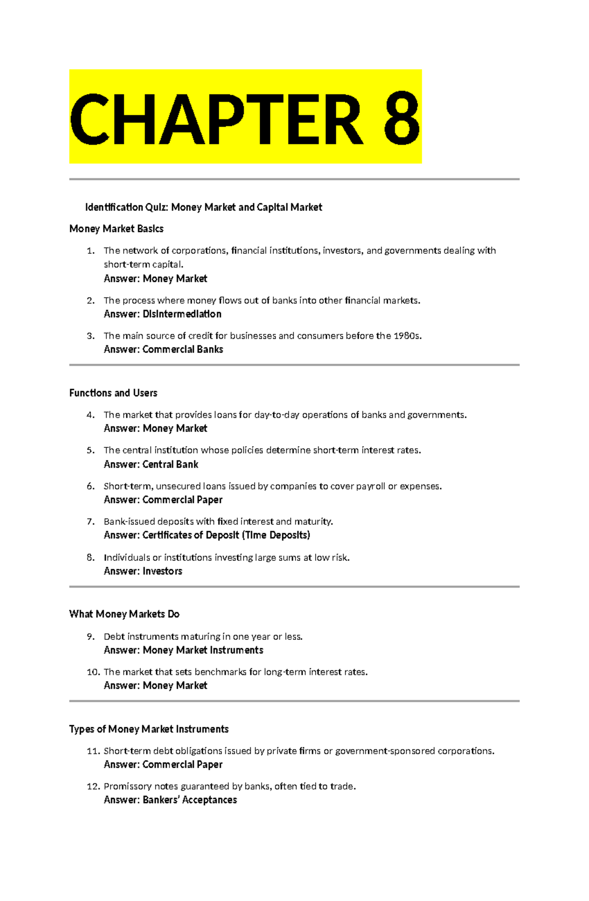CHAPTER 8 & 9 Identification Quiz: Money Market & Foreign Exchange ...