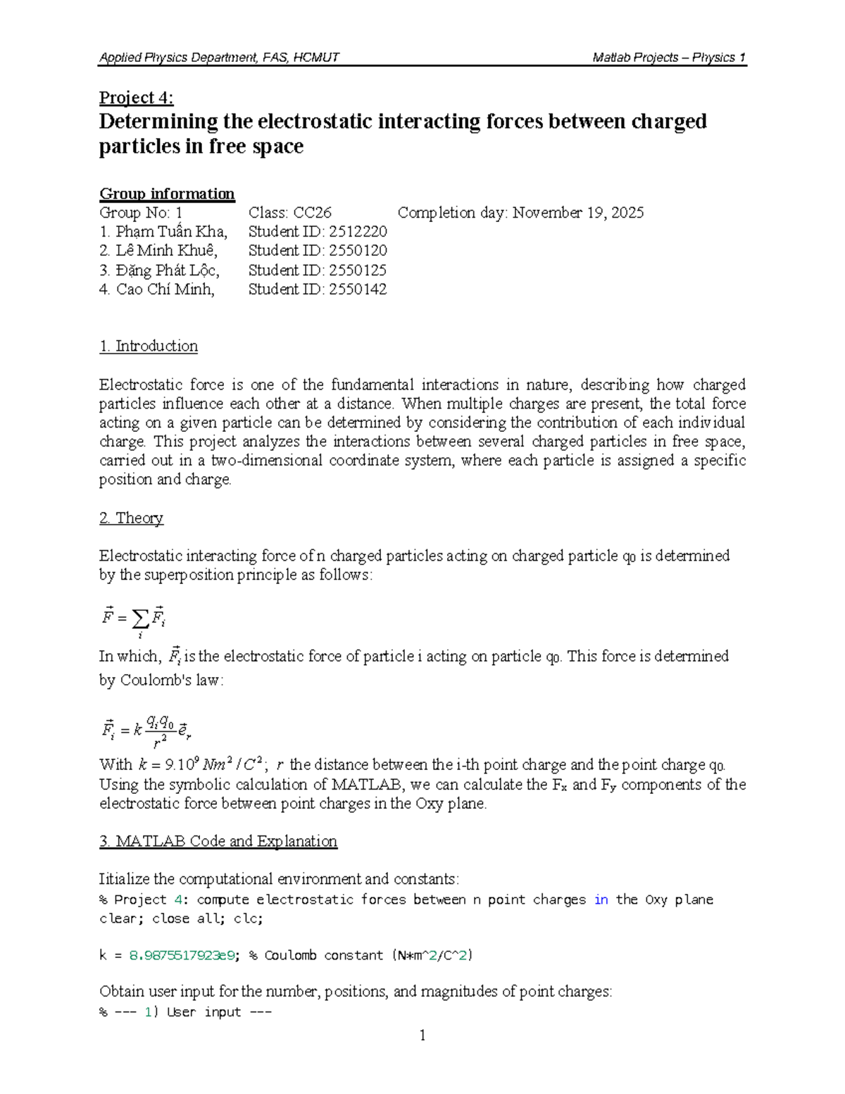 Applied Physics CC26 Project 4: Electrostatic Forces in MATLAB - Studocu