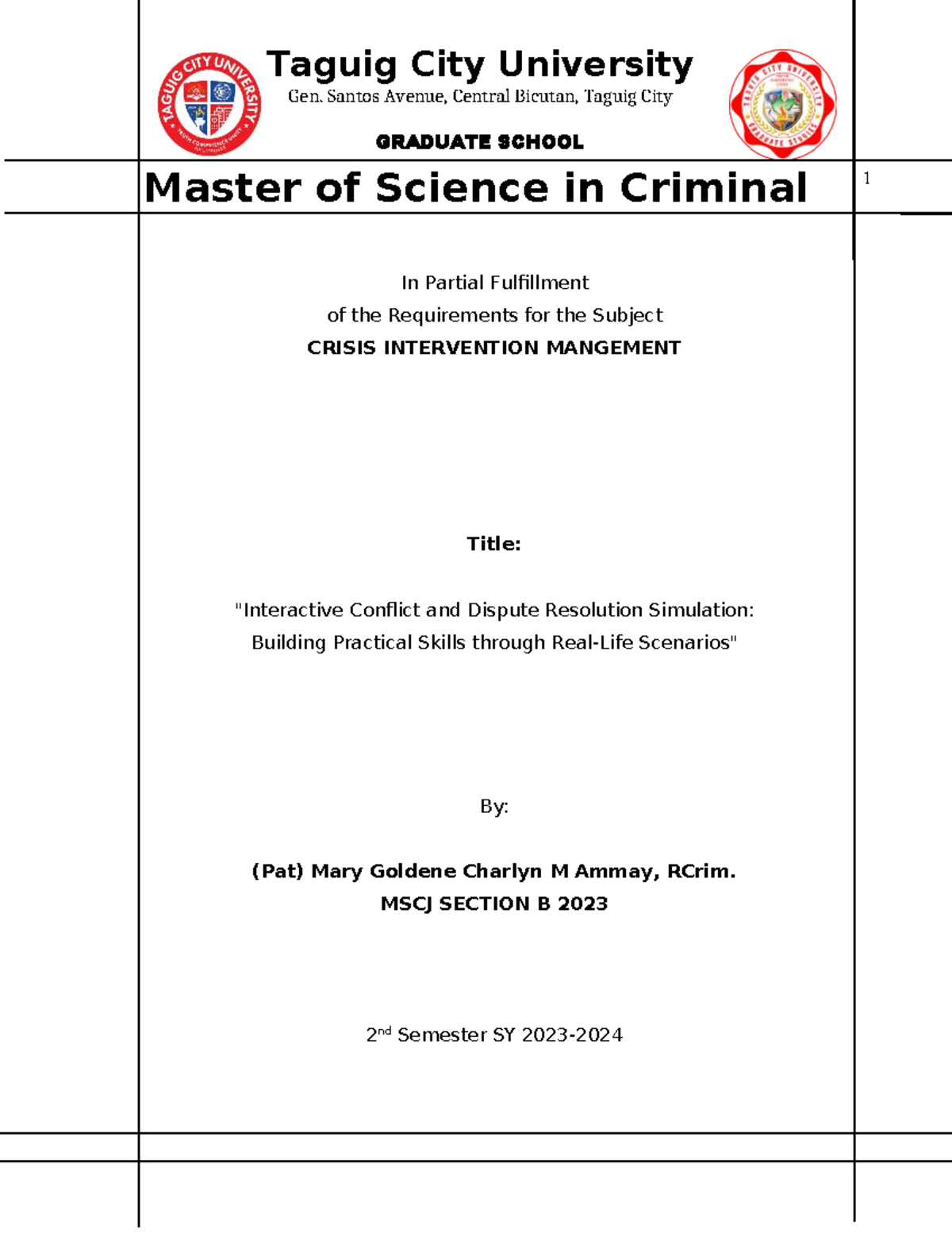 CIM CASE Study Format - All - Master of Science in Criminal 1 Taguig ...