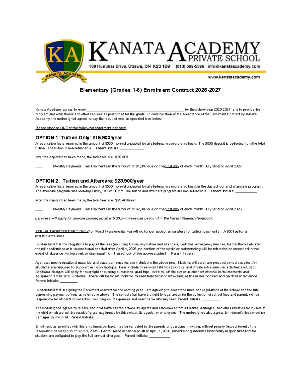 Elementary Enrolment Contract 2026-2027 for Kanata Academy - Studocu