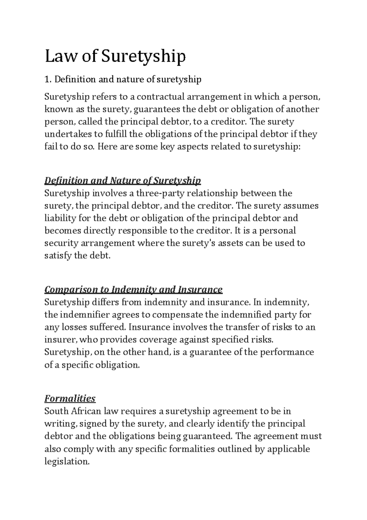 Understanding the Law of Suretyship: Key Concepts and Obligations - Studocu