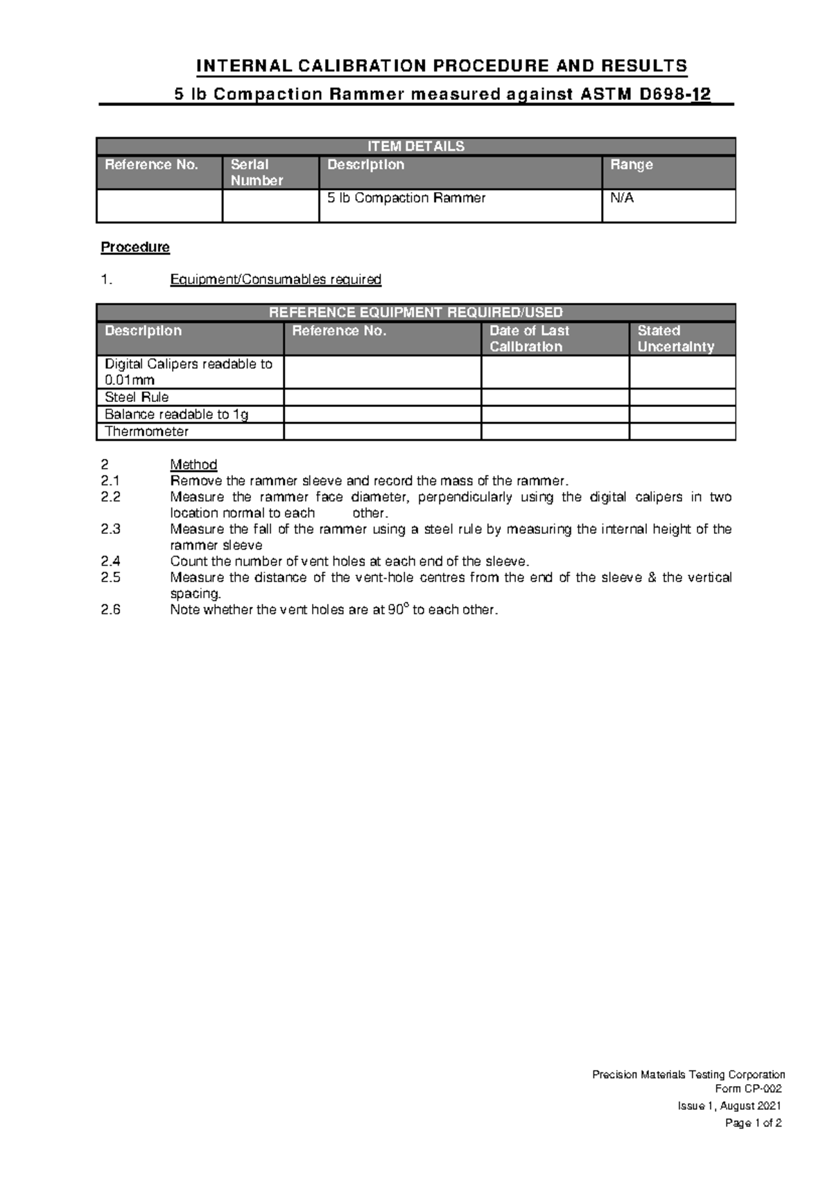 Form CP-002 5lb Compaction Rammer - INTERNAL CALIBRATION PROCEDURE AND ...