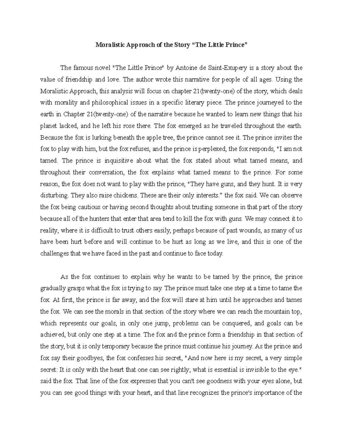 Moralistic Analysis of Chapter 21 from The Little Prince (ENG 101 ...