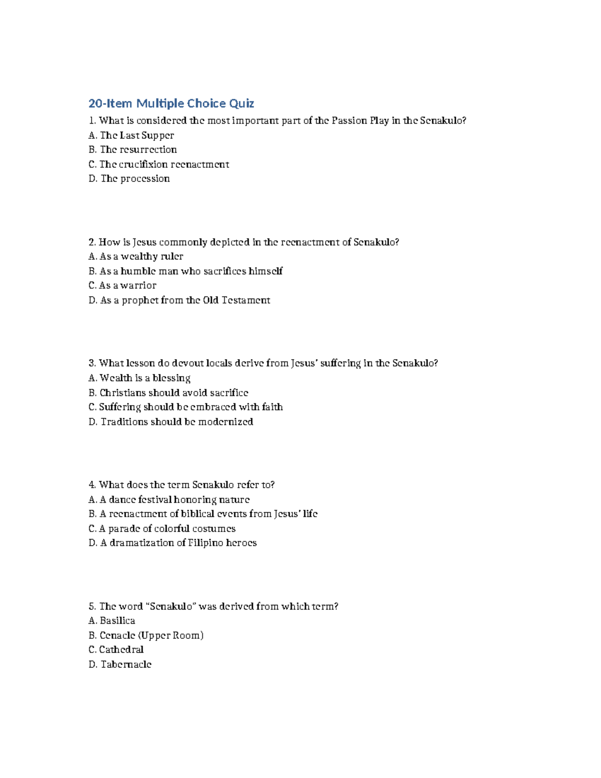 Multiple Choice Quiz - Senakulo and Passion Play Insights - Studocu