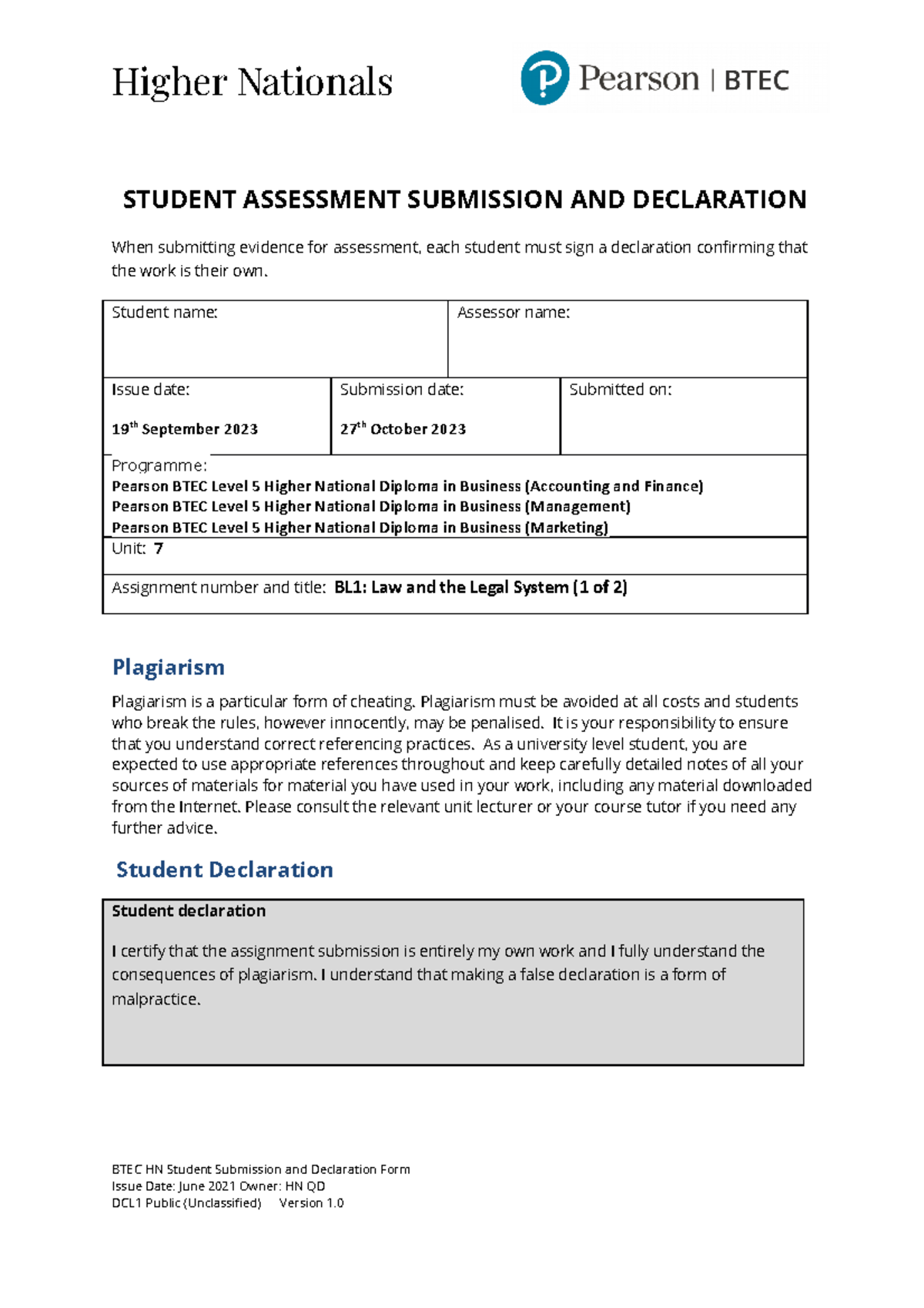 A1 BTEC HN Submission Form & Plagiarism Declaration for Law Unit - Studocu