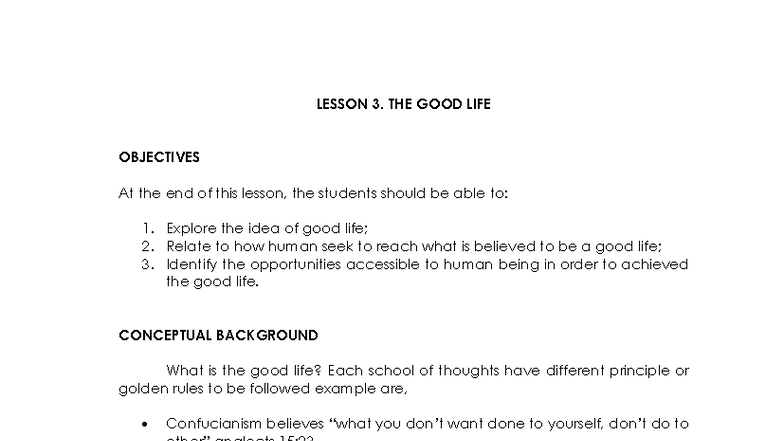 CHAPTER 2: LESSON 3 - THE GOOD LIFE AND ITS OBJECTIVES - Studocu
