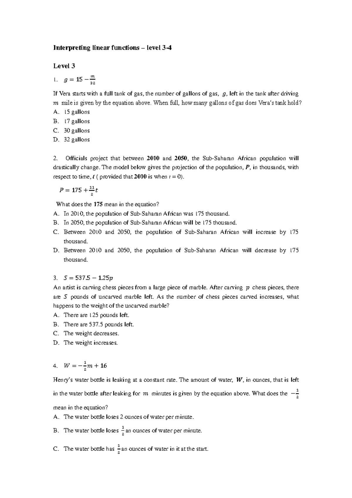 Interpreting Linear Functions - Level 3-4 Exam Review - Studocu