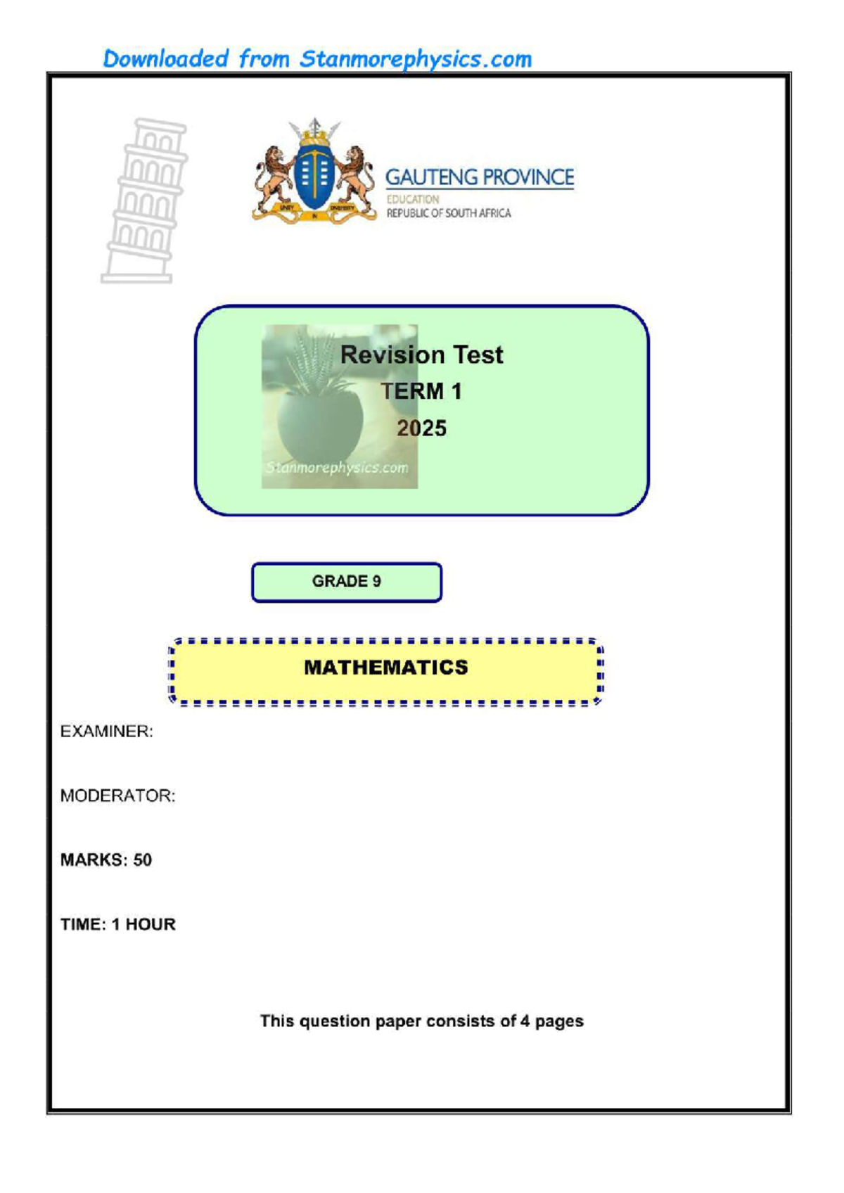 GP Maths Grade 9 Revision Test Term 1 2025 with Memo - Studocu