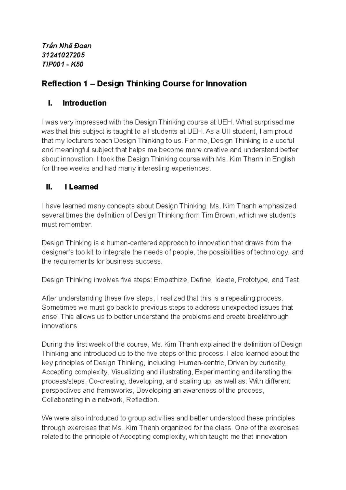 Reflection 1 on Design Thinking Course (TIP001) - UEH K50 - Studocu