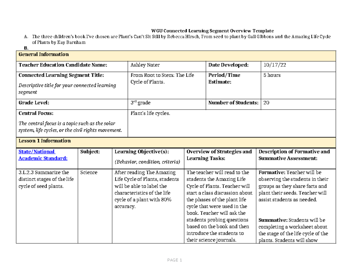 C970 Task 2: Connected Learning Segment on Plant Life Cycles - Studocu