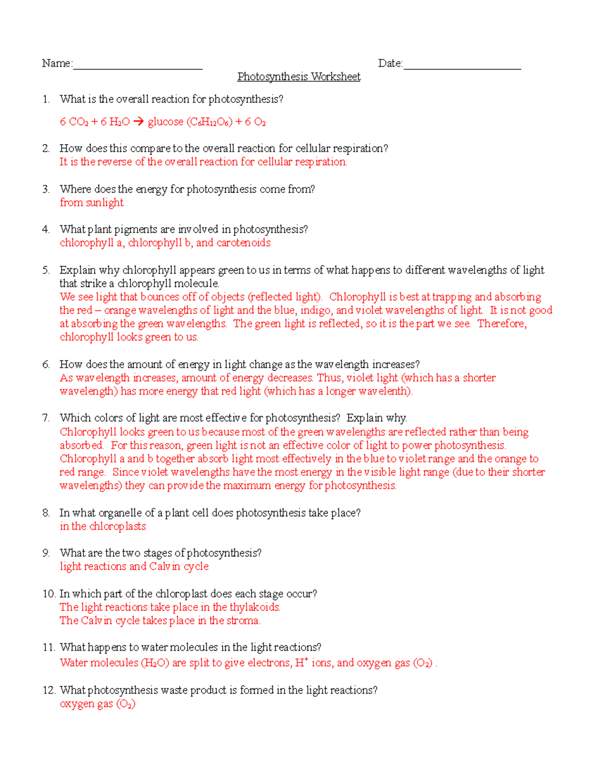 Photosynthesis Worksheet answers - Name:______________________ Date