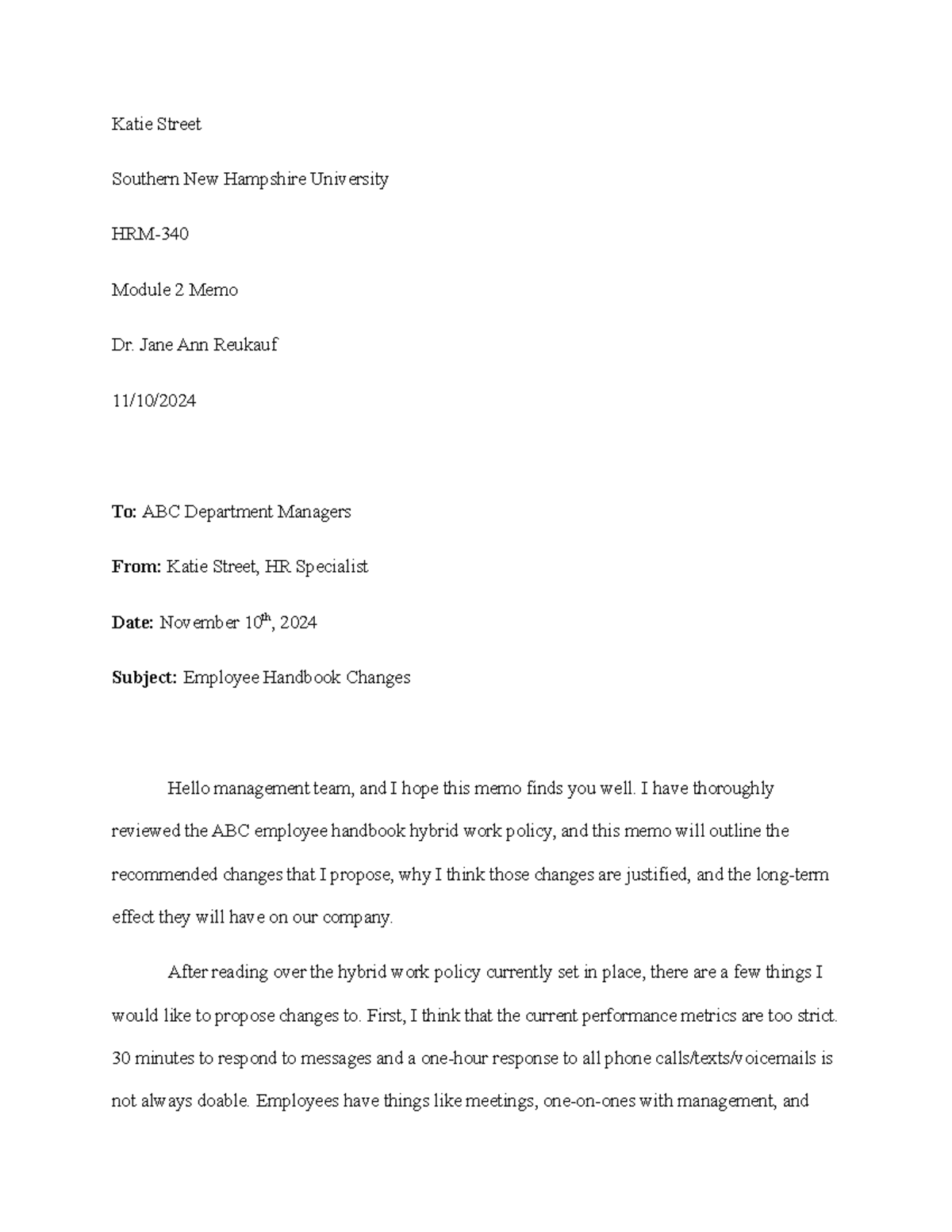 HRM 340 Module 2 Memo: Proposing Effective Changes to Hybrid Work ...