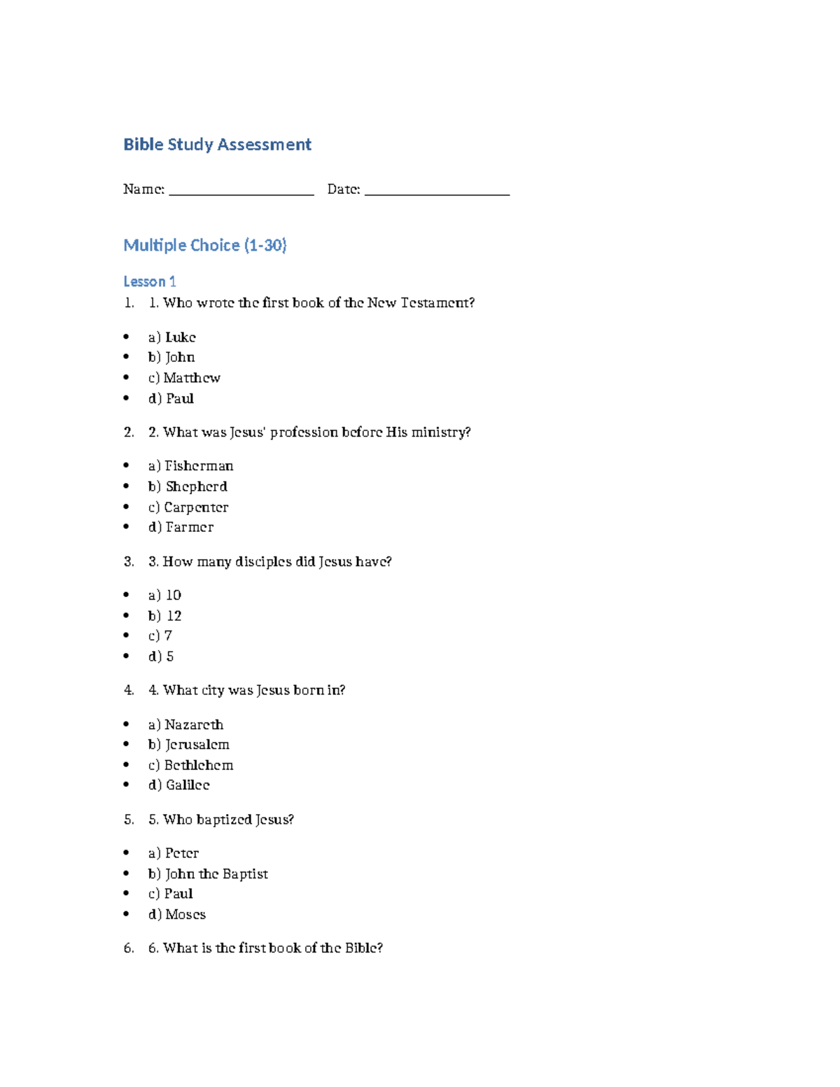 Bible Study Assessment 7th Grade: Multiple Choice Lessons - Studocu
