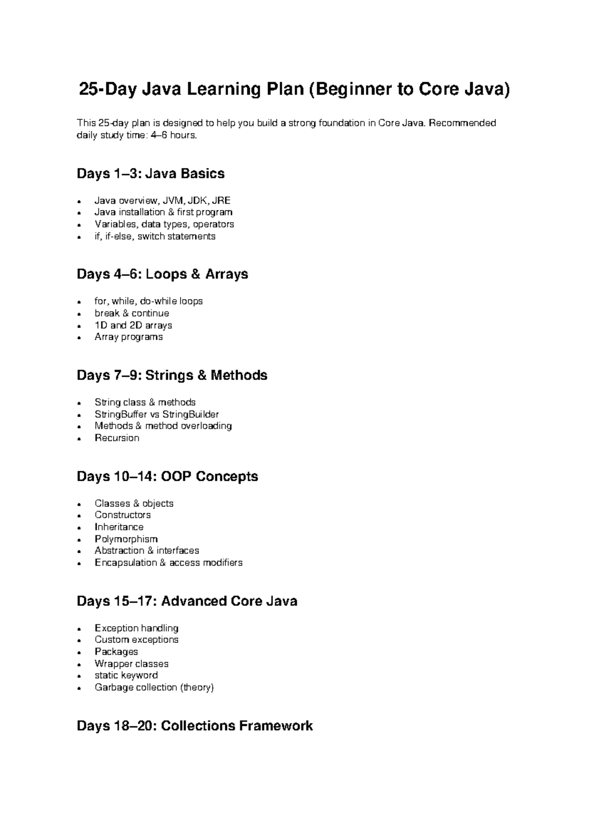 25-Day Java Learning Plan: From Beginner to Core Java - Studocu