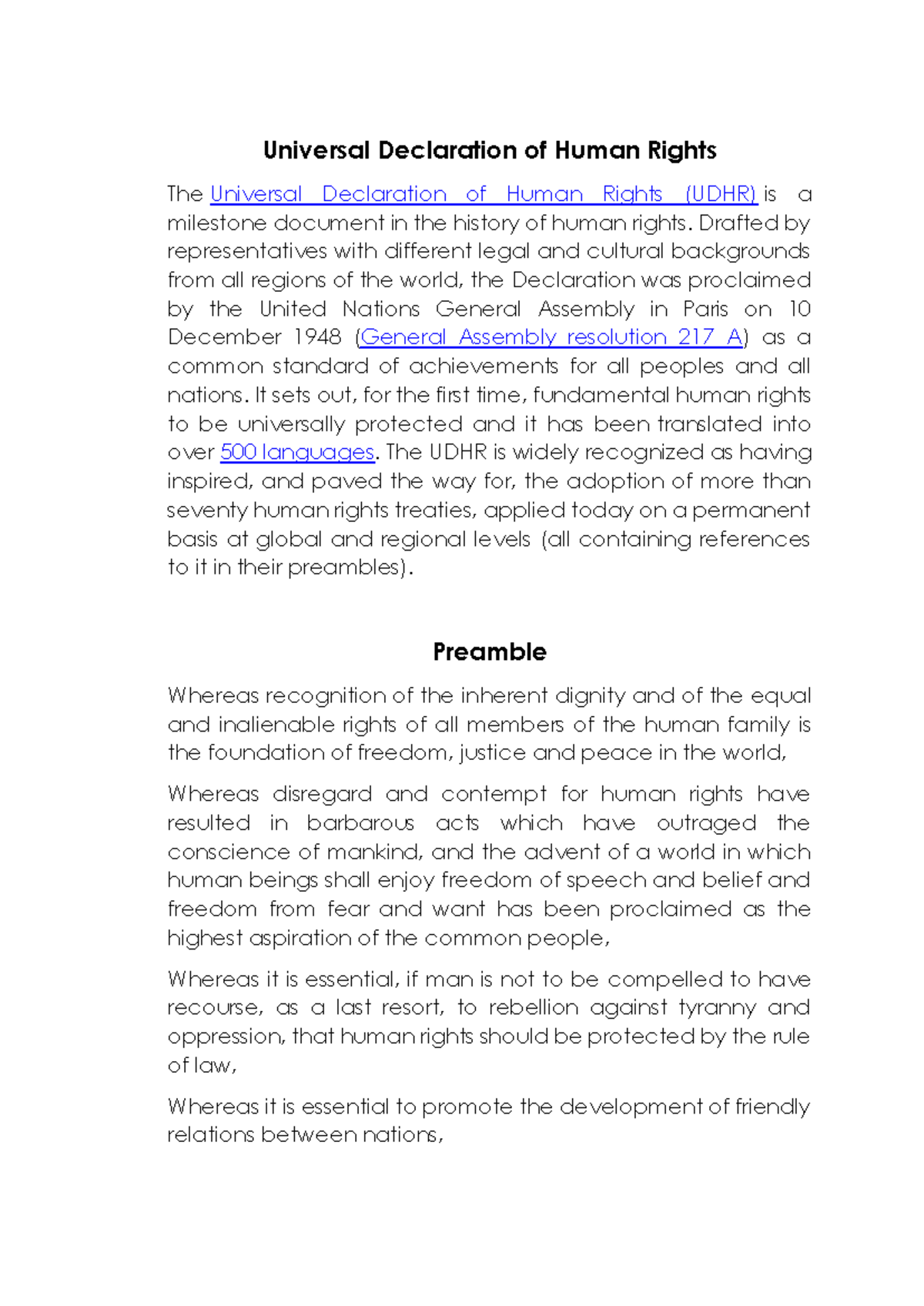 Universal Declaration of Human Rights - Drafted by representatives with ...
