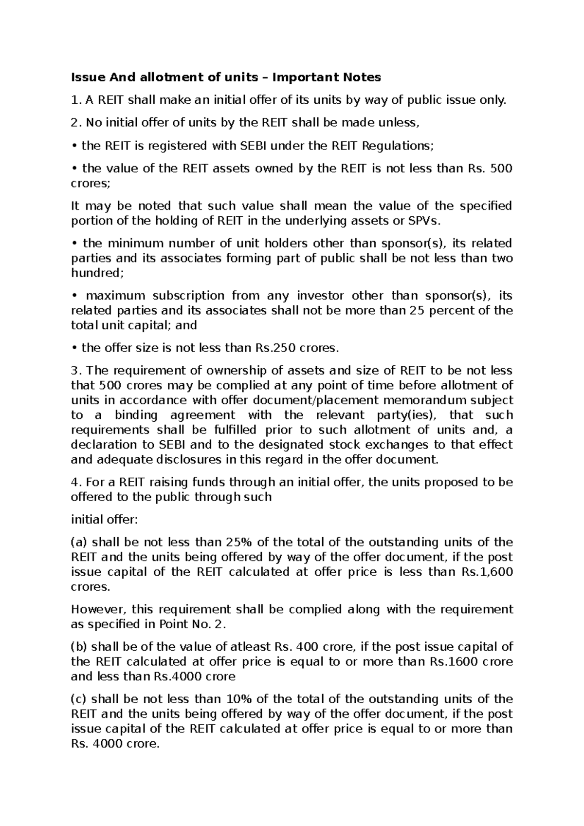 REIT Regulations: Issue and Allotment of Units Important Notes - Studocu