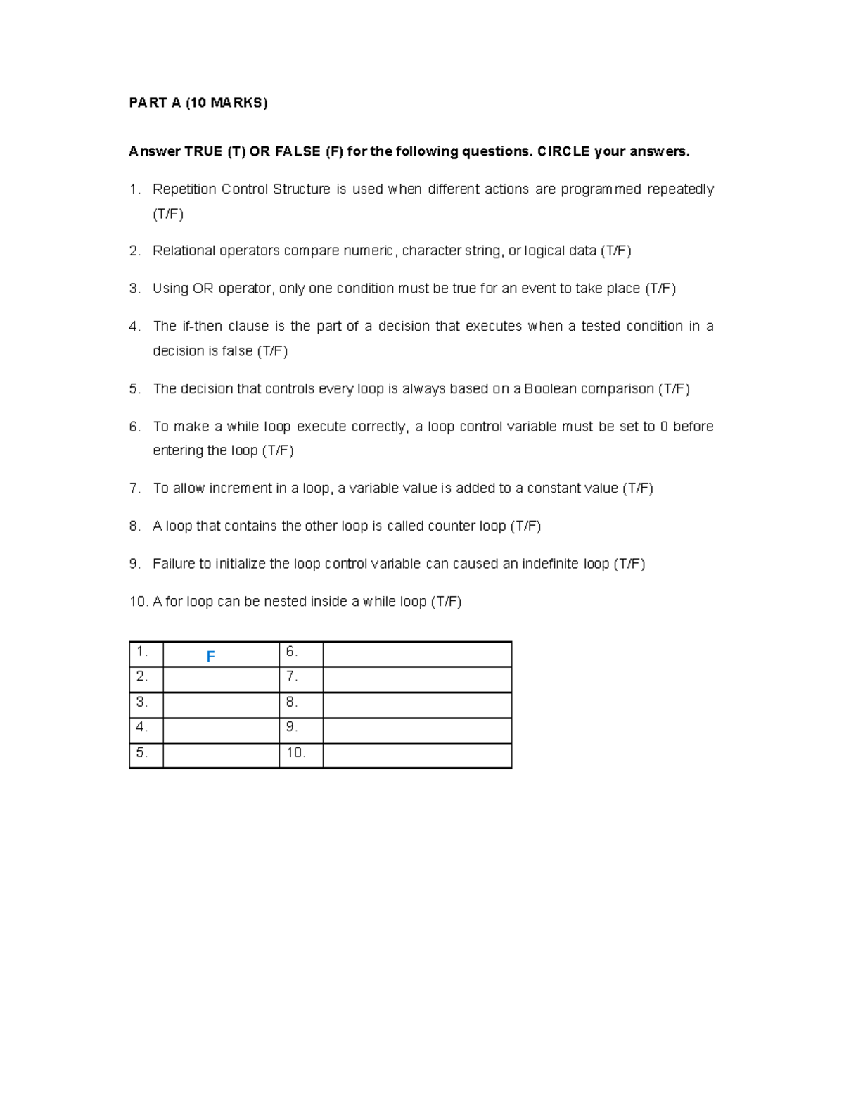CSC121 Sample Test 1: True/False & Control Structures Questions - Studocu