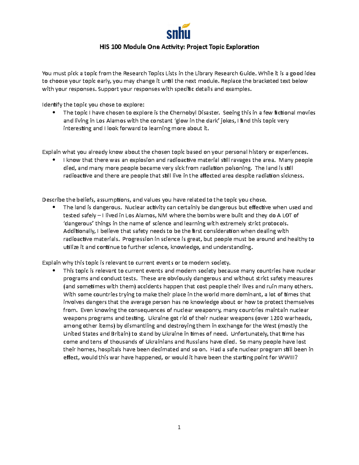 HIS 100 Module One Activity: Chernobyl Disaster Topic Exploration - Studocu