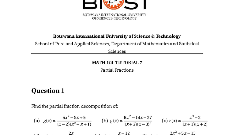 Tutorial 7-Partial Fractions - Botswana International University of ...