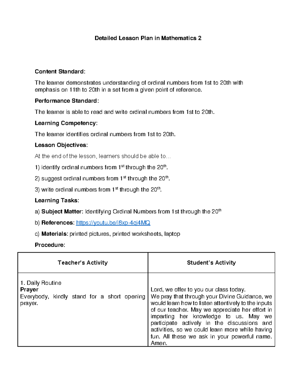 Detailed Lesson Plan in MATH 2: Understanding Ordinal Numbers 1st-20th ...